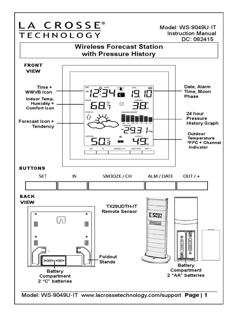 Wireless Forecast Station With Pressure History: Model: WS-9049U-IT ...