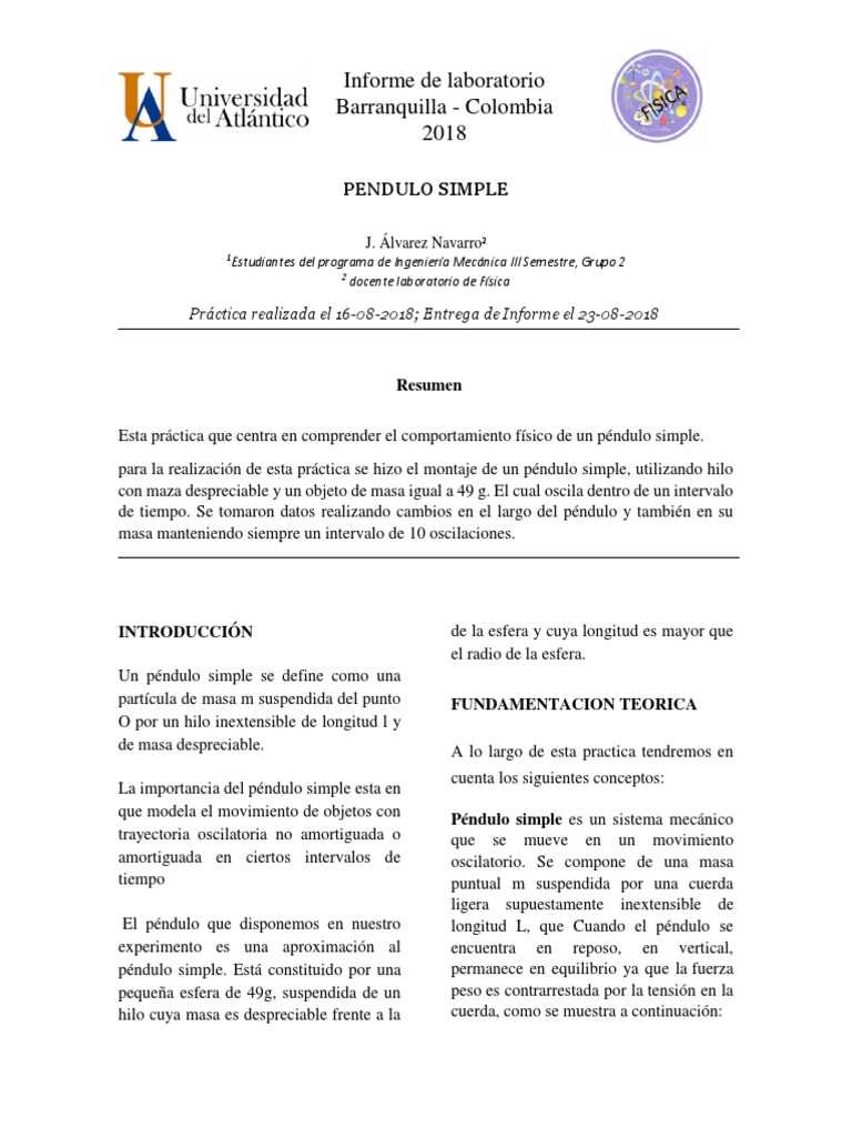 Pendulo Simple Informe | PDF | Péndulo | Oscilación