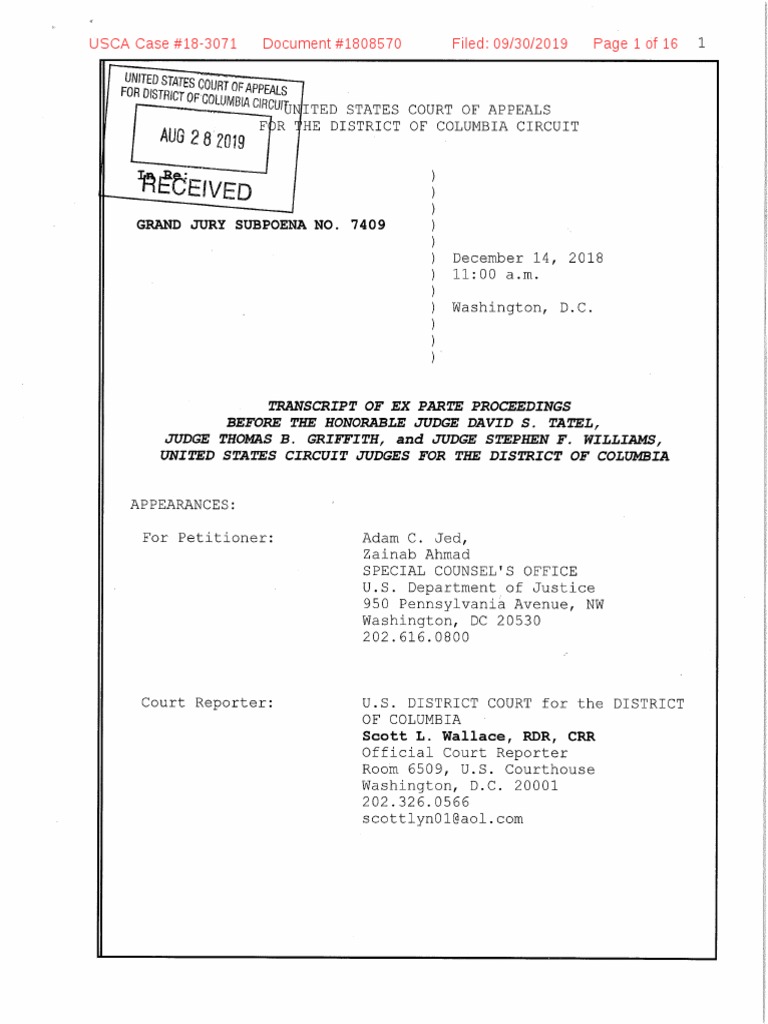 In Re Grand Jury Subpoena, No. 18-3071 Redacted Transcript | PDF ...