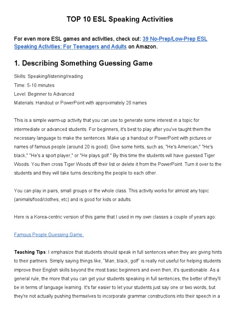 39 No Prep/Low Prep ESL Speaking Activities: For Teenagers and Adults ...