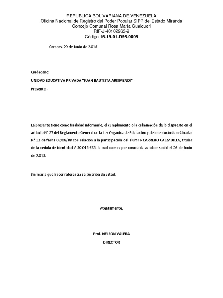 Carta Labor Social Consejo Comunal | PDF