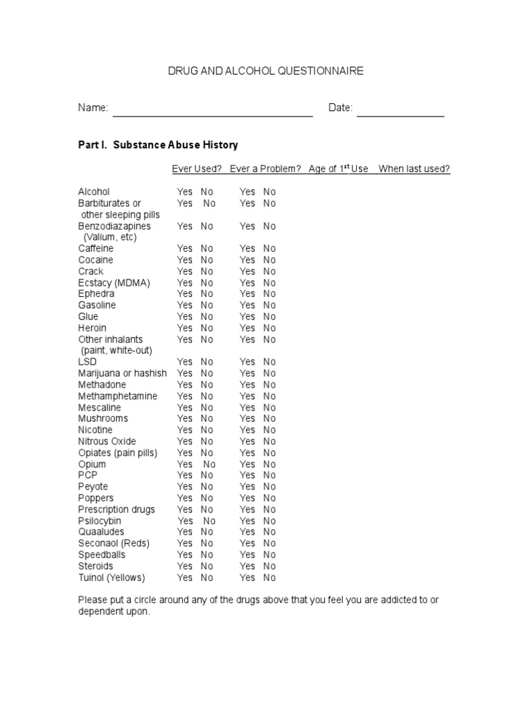 Drug and Alcohol Questionnaire | PDF | Alcoholism | Alcoholic Drinks