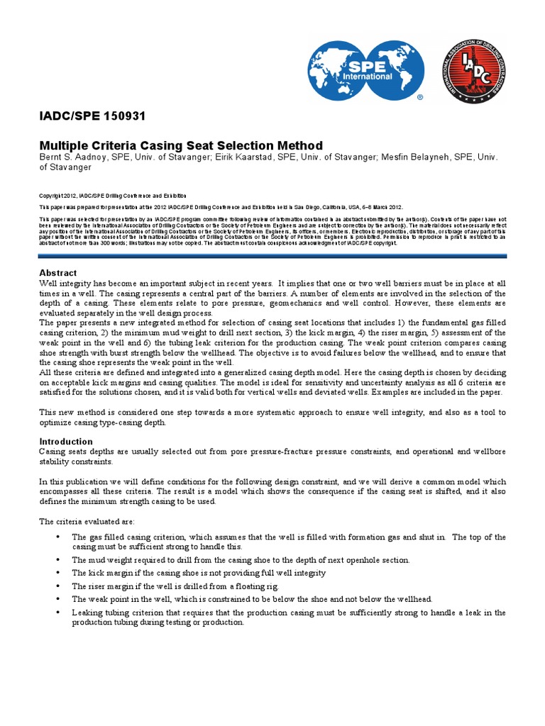 SPE Multiple Criteria Casing Seat Selection Method | PDF | Casing ...
