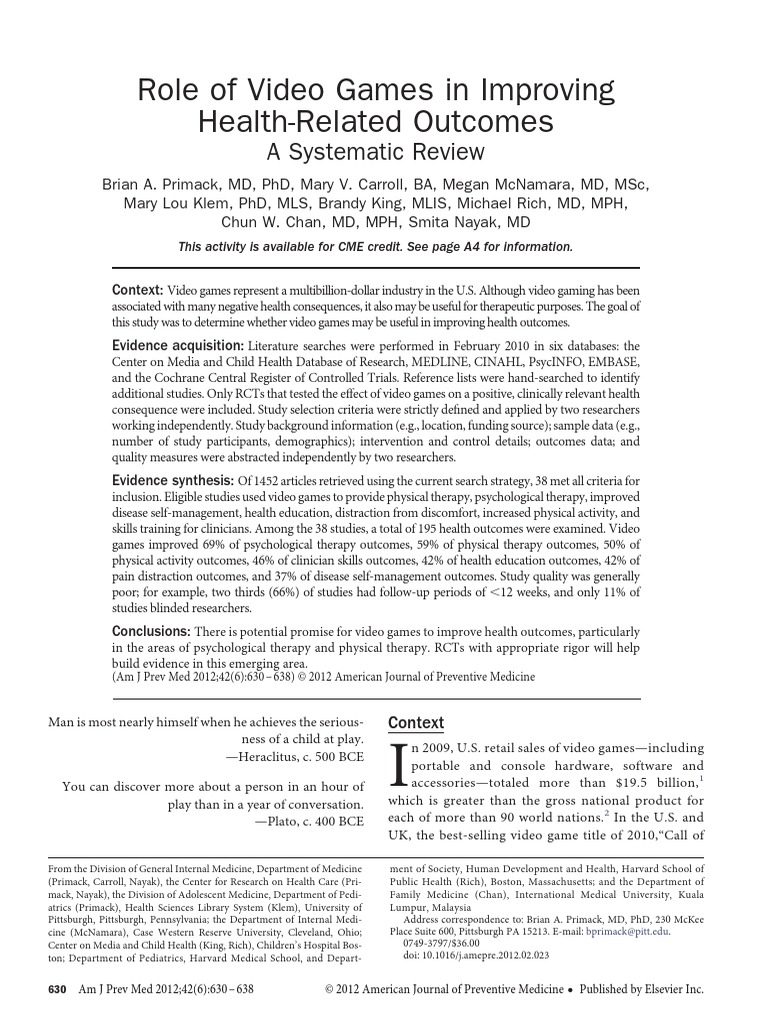 Video Game Improve Health | PDF | Randomized Controlled Trial ...
