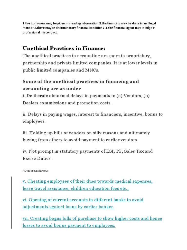 Unethical Practices in Finance:: Some of The Unethical Practices in ...
