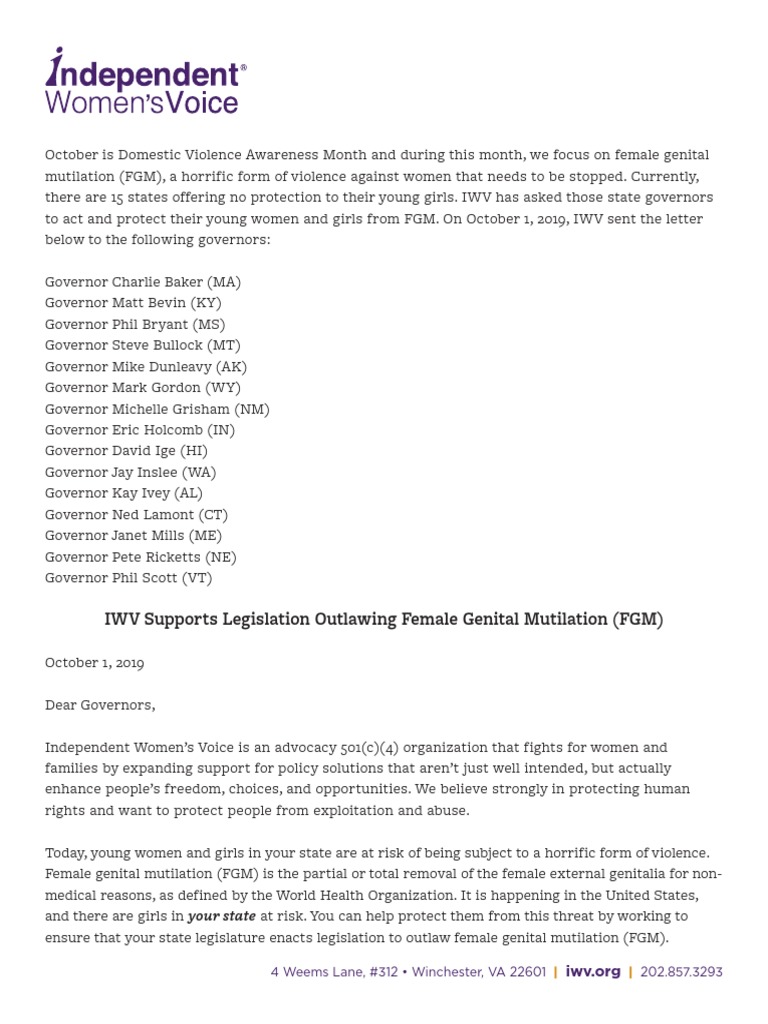 IWV Urges 15 Governors To Act Against FGM in Their States Letter Urges ...