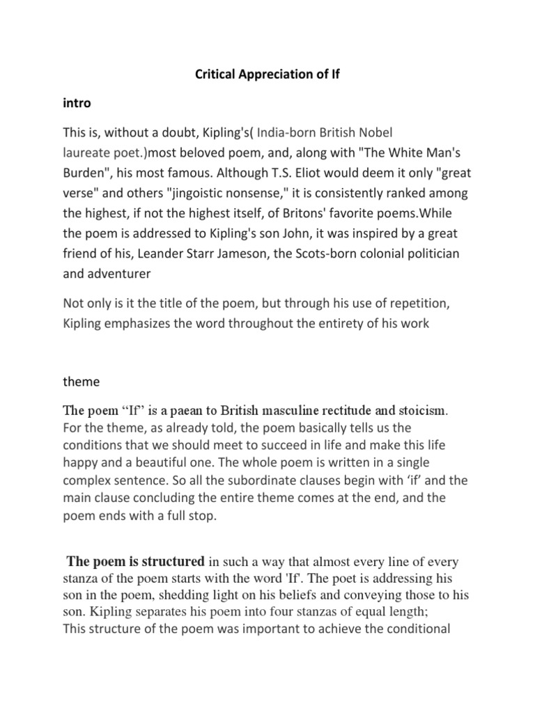 Critical Appreciation of If | PDF | Poetry | Linguistics