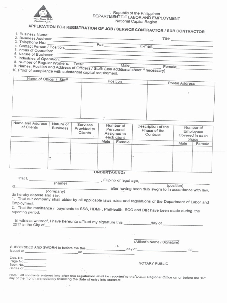 DOLE Application Form For Registration of Job/Service Contractor/Sub ...
