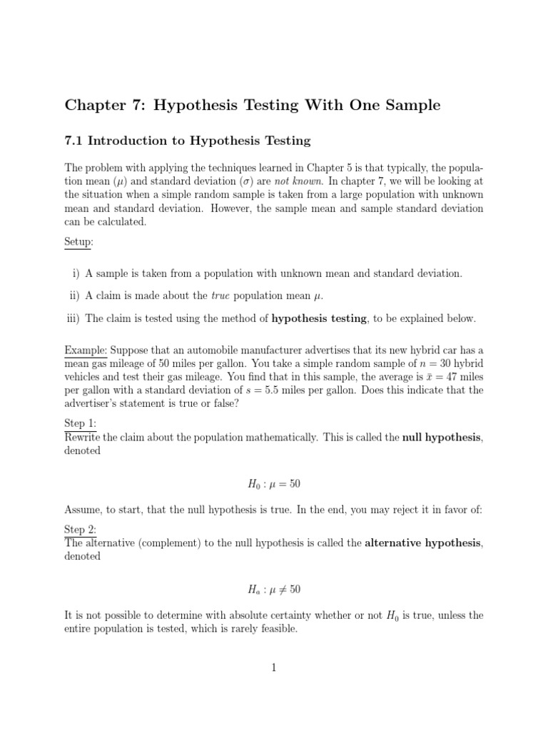 Chapter 7: Hypothesis Testing With One Sample | PDF | Statistical ...
