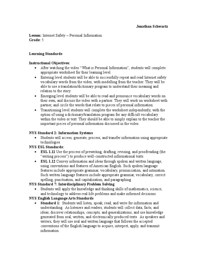 Lesson Plan - Personal Information | PDF | English Language | Vocabulary