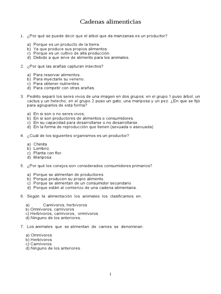 Prueba de Cadenas Alimenticias. Cuarto Básico | PDF | Carne | Alimentos