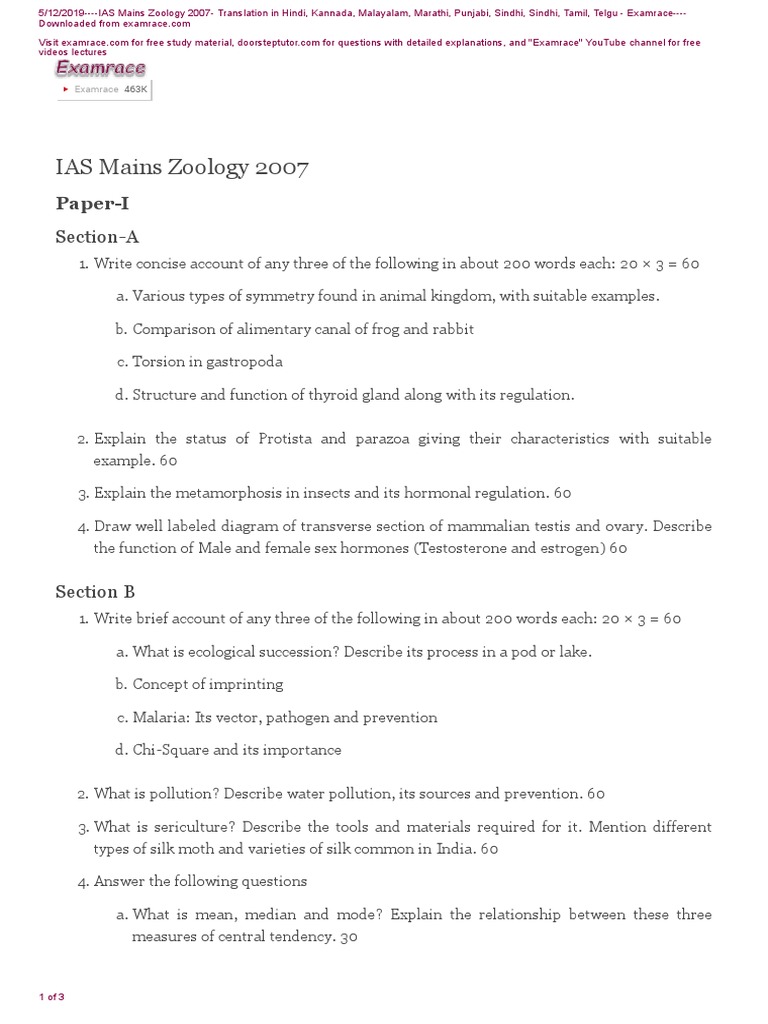 Ias Question Paper | PDF | Biology | Nature