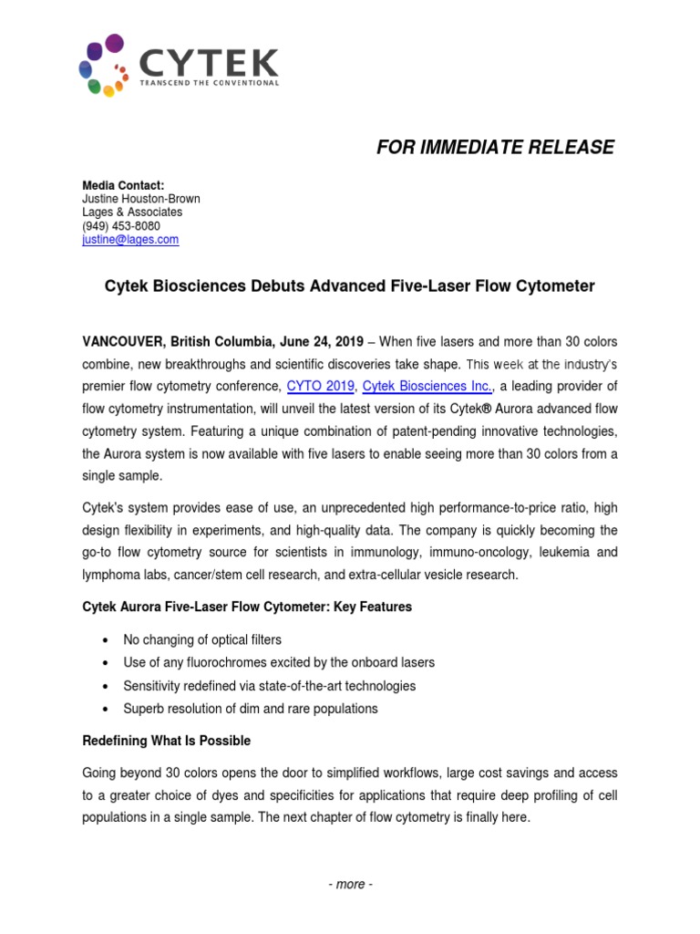 Cytek Biosciences Debuts Advanced Five-Laser Flow Cytometer | PDF ...