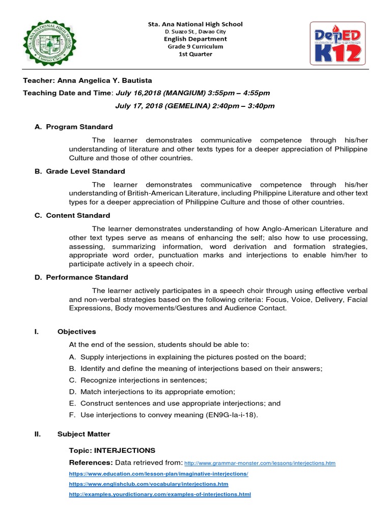 Interjection Lesson Plan | PDF | Human Communication | Linguistics