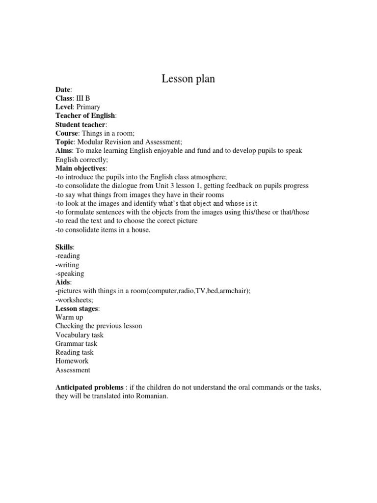 Things in A Room Lesson Plan | PDF | English Language | Lesson Plan