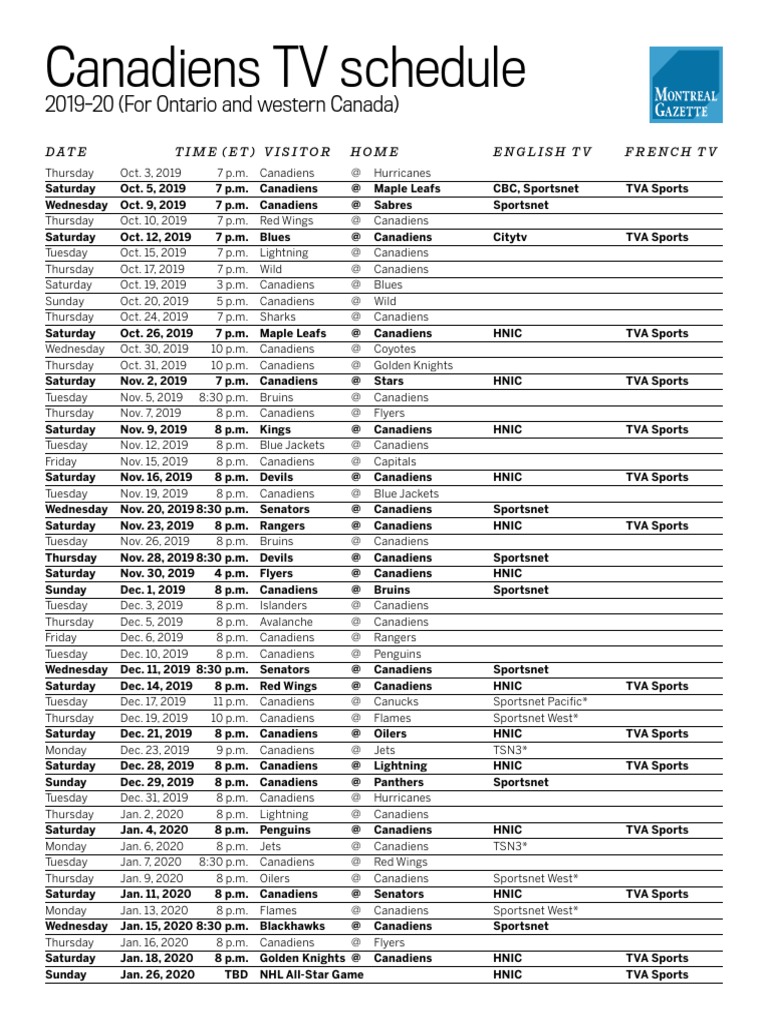Habs 2019-20 TV Schedule For Western Canada and Ontario | Download Free ...