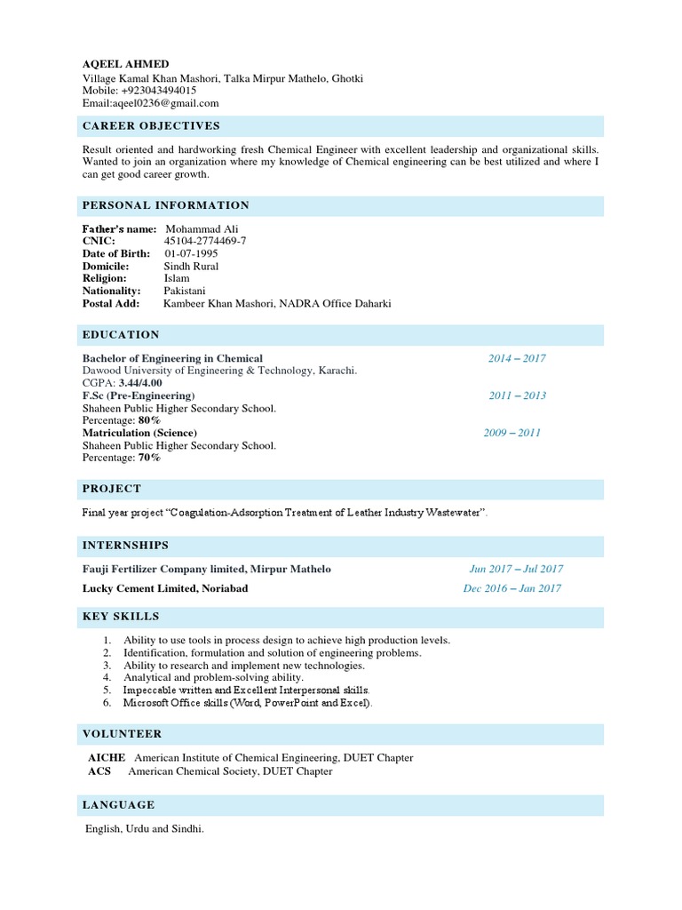 Aqeel's CV (Chemical Engineer) | PDF