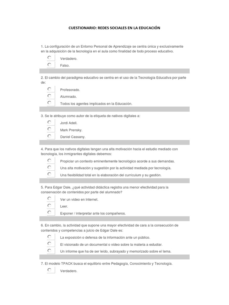 Cuestionario: Redes Sociales en La Educación | PDF | Modificación de ...