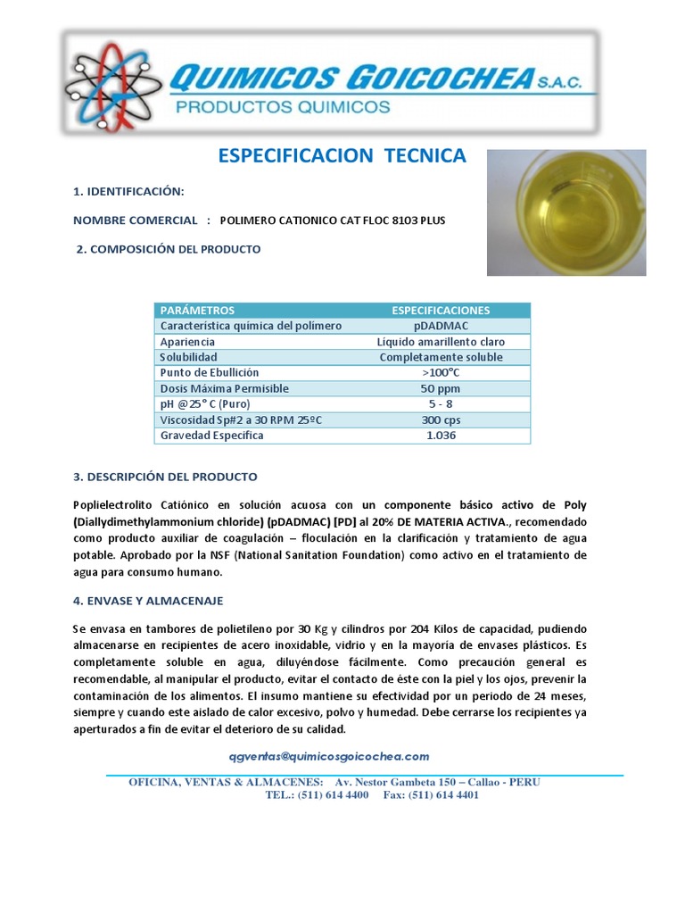 Polímero Catiónico Cat Floc 8103 Plus | PDF | Agua | Sustancias químicas