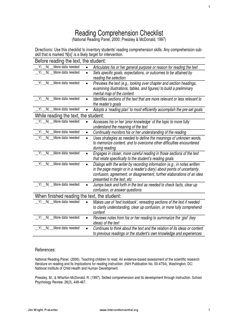 Reading Comprehension Skills Checklist | PDF | Reading Comprehension ...