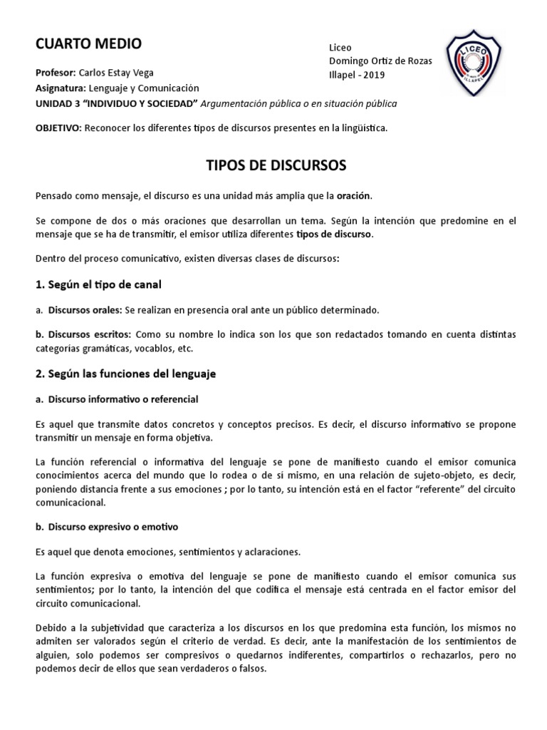 Tipos de Discursos Unidad 3 Cuarto | PDF | Narrativa | Comunicación humana