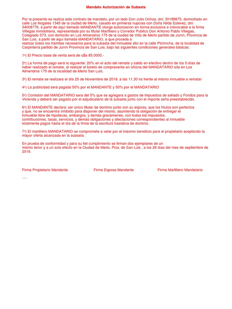 Ejemplo de Mandato Autorización de Subasta | PDF | Subasta | Servicio ...