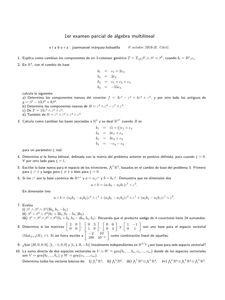 Examen Parcial de Álgebra Multilineal | PDF | Espacio vectorial ...