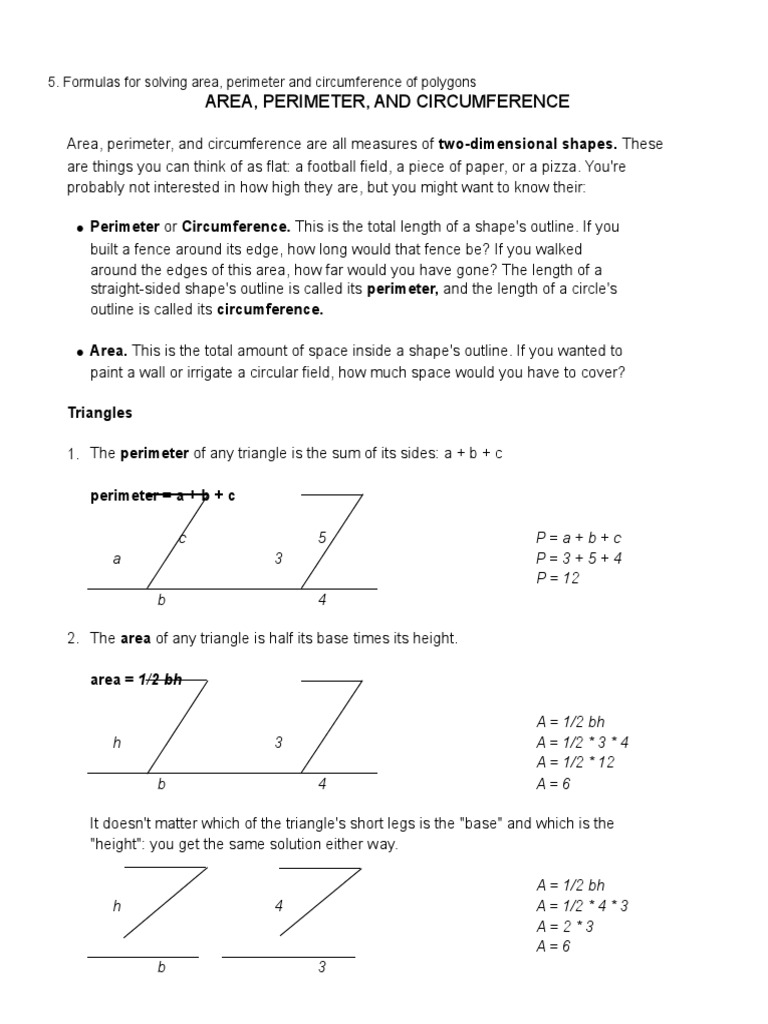 Area, Perimeter, and Circumference Formulas | PDF | Rectangle | Area