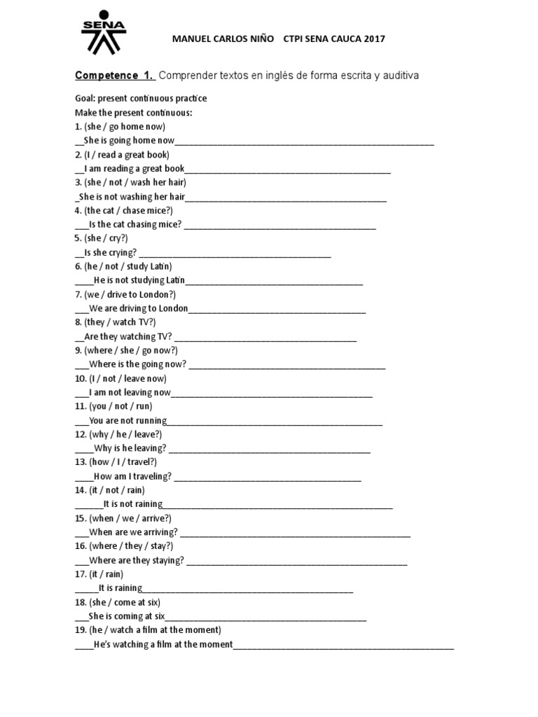 Present Continuous Mixed Exercise Solution | PDF