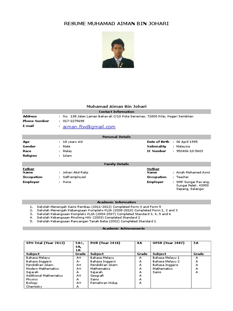 A Comprehensive Resume for Muhamad Aiman Bin Johari Seeking to Pursue ...