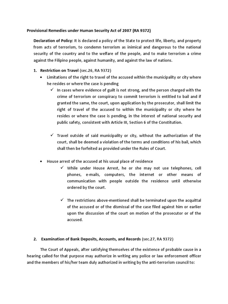 Provisional Remedy Under RA 9372 | PDF | Freedom Of Movement | Bail