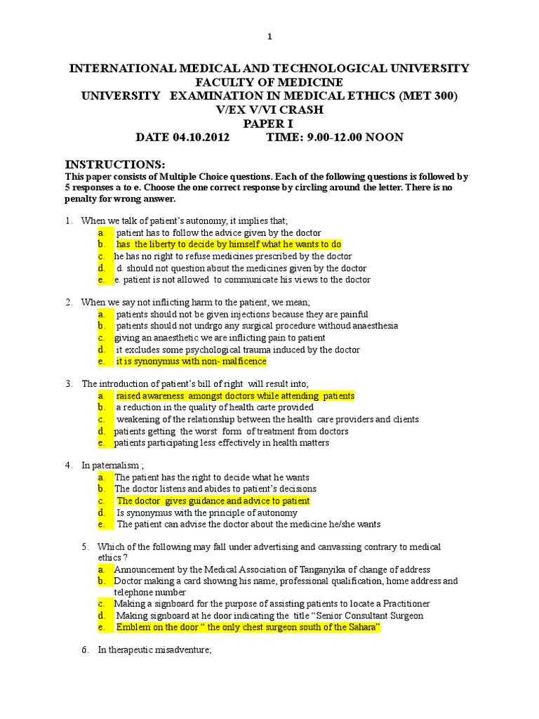 Analysis of a Medical Ethics Examination Containing Multiple Choice ...