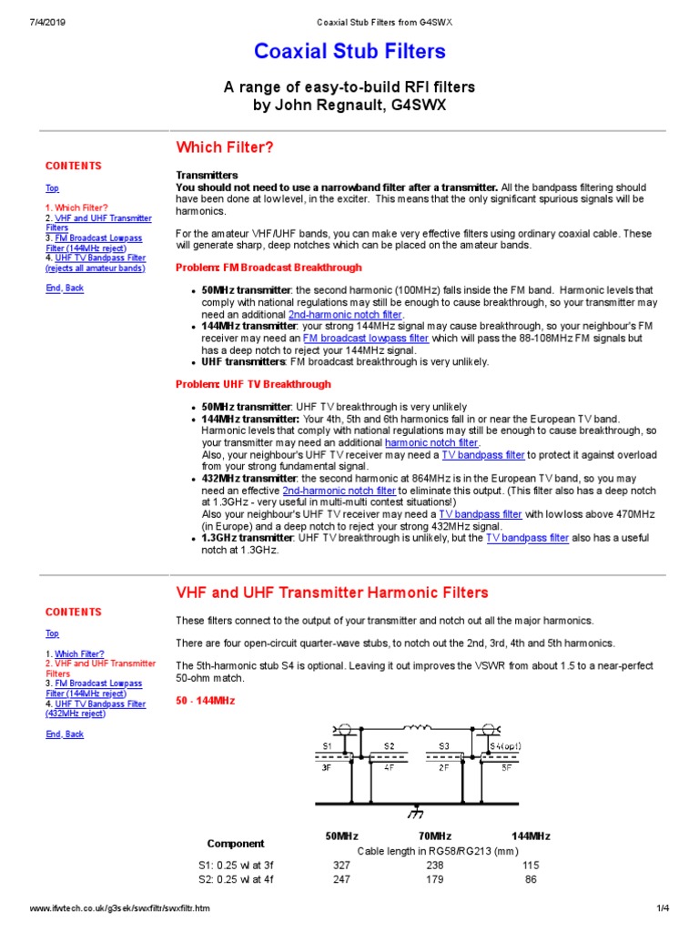 Coaxial Stub Filters From G4SWX PDF | PDF | Coaxial Cable | Very High ...