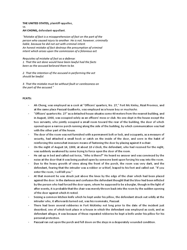 Mistake of Fact in Ah Chong Case | PDF | Criminal Law | Crime & Violence