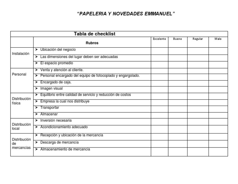 Tabla de Checklist Emmanuel | PDF