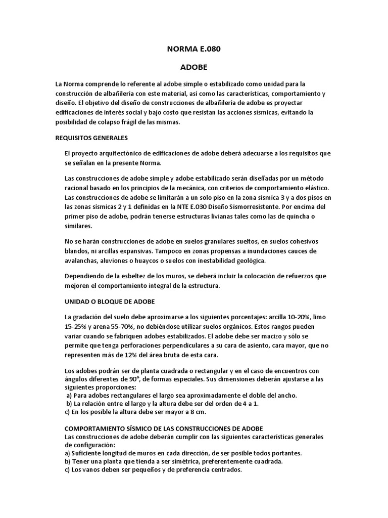 Norma E.080: Diseño de Adobe Sismorresistente | PDF | Fundación (Ingeniería) | Sectores Economicos