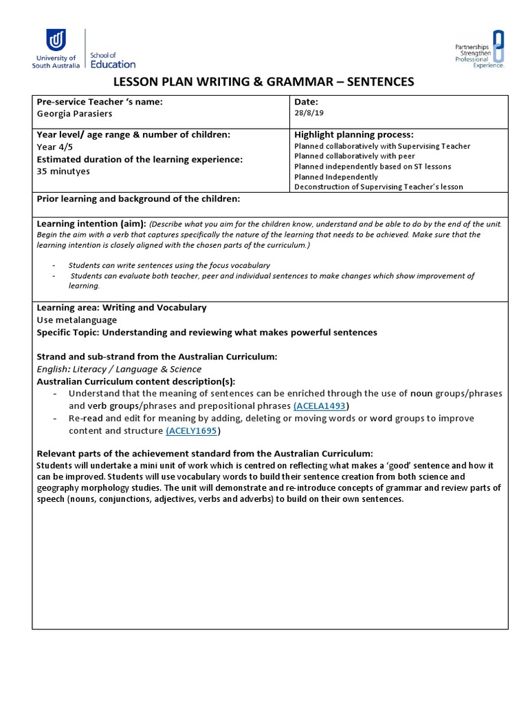 Year 4/5 Sentence Writing Lesson Plan | PDF | Sentence (Linguistics ...