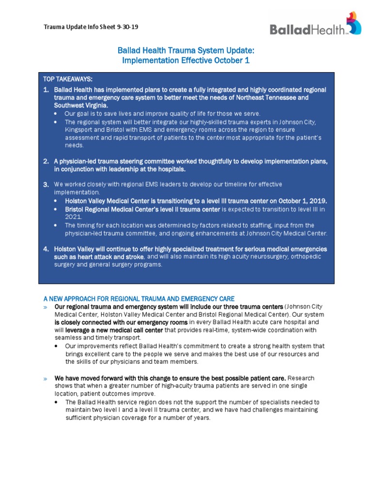 Trauma Update Info Sheet 9-30-19 | PDF | Emergency Department | Hospital