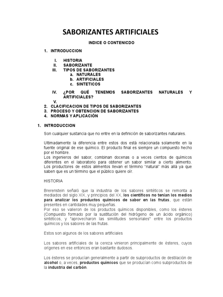Tipos y Proceso de Saborizantes Artificiales | PDF | Sabor | Alimentos