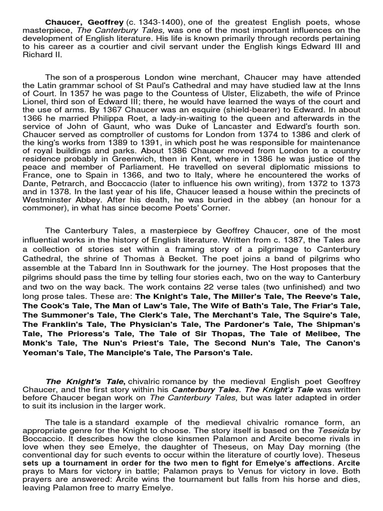 The Knight's Tale, Chivalric Romance by The Medieval English Poet ...