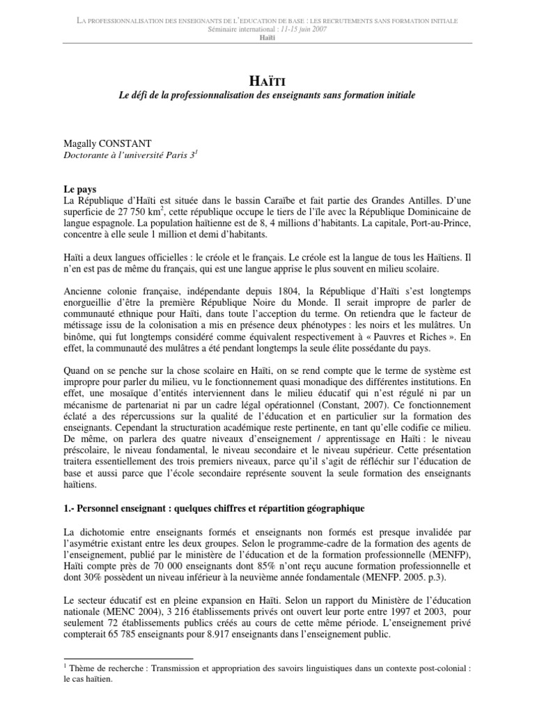 Haiti Le Defi de La Formation Des Enseignants | PDF | Haïti | Écoles