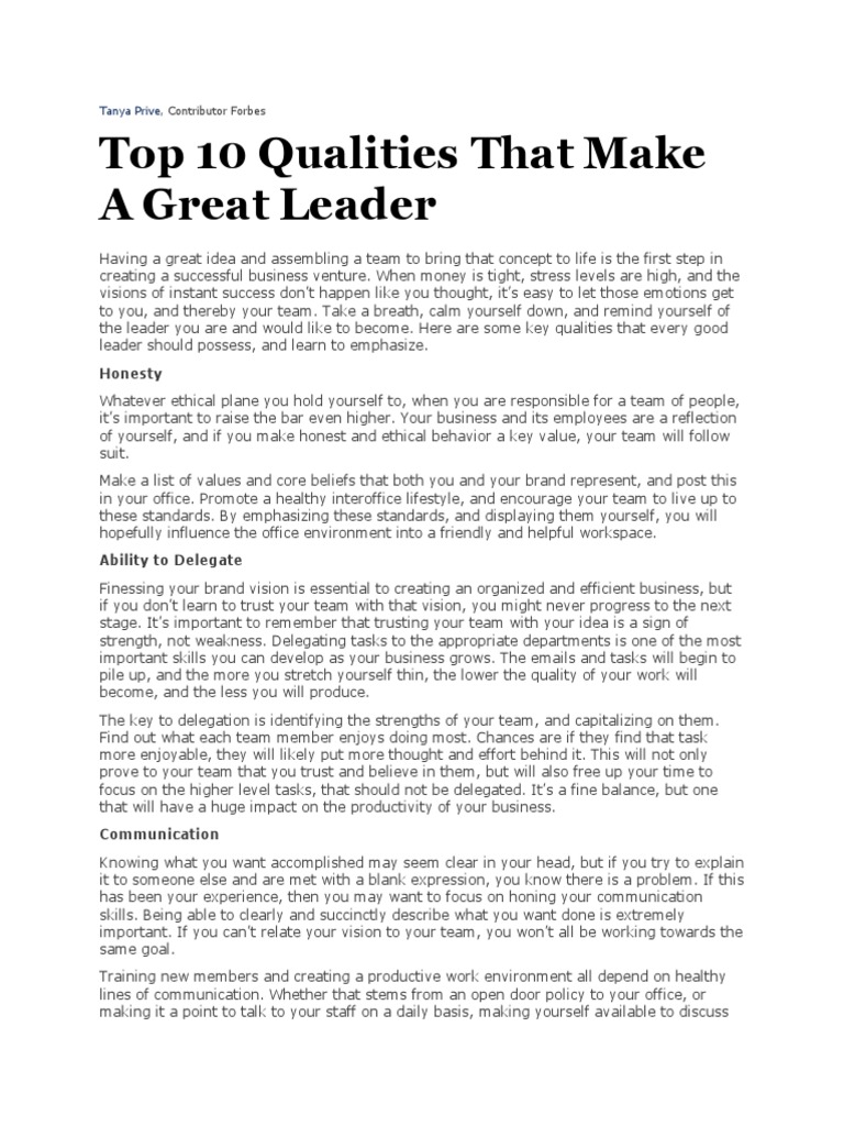 Top 10 Qualities That Make A Great Leader: Honesty | PDF | Intuition ...