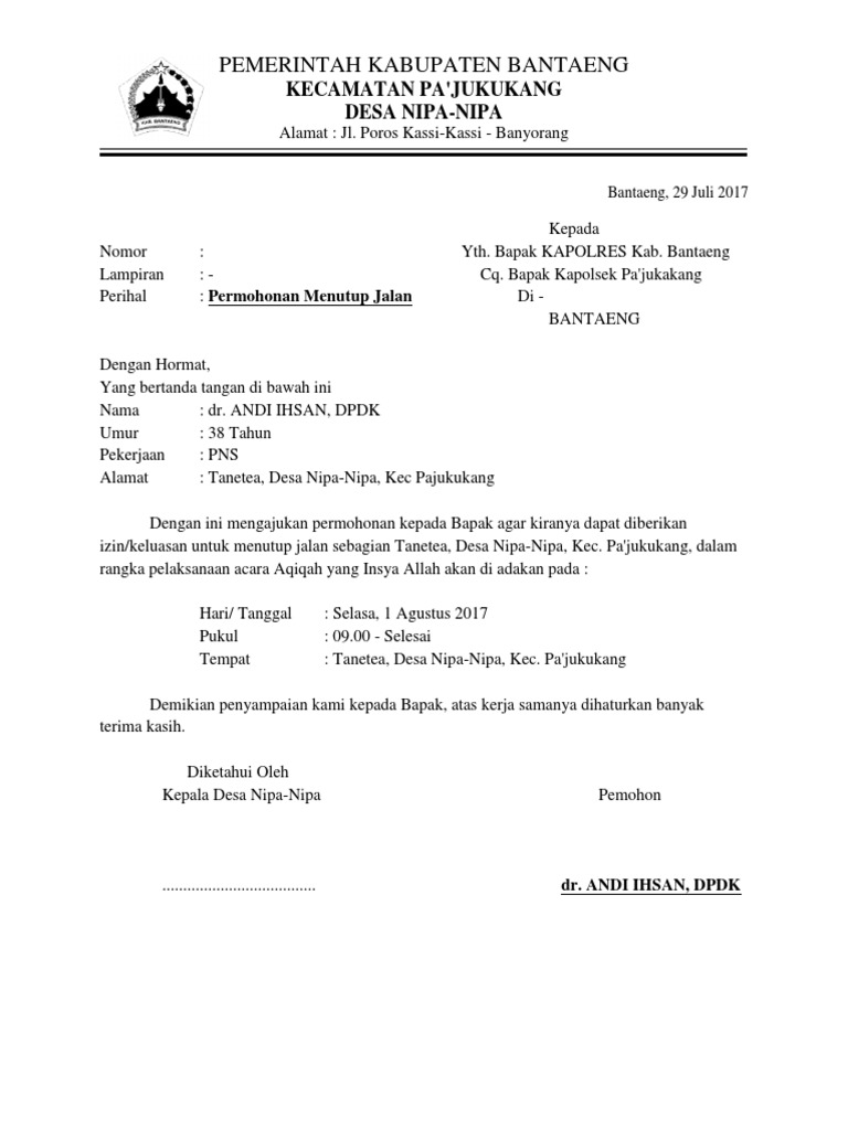 Surat Permohonan Menutup Jalan | PDF