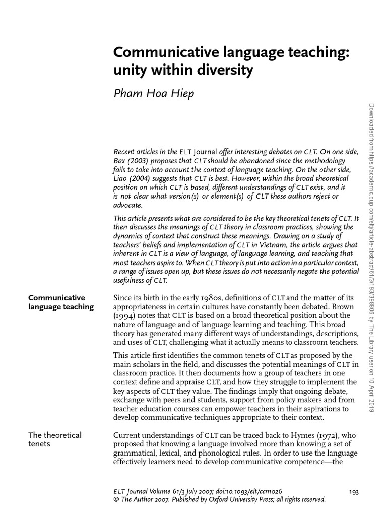 Clt Unity Within Diversity Pdf Teachers Learning