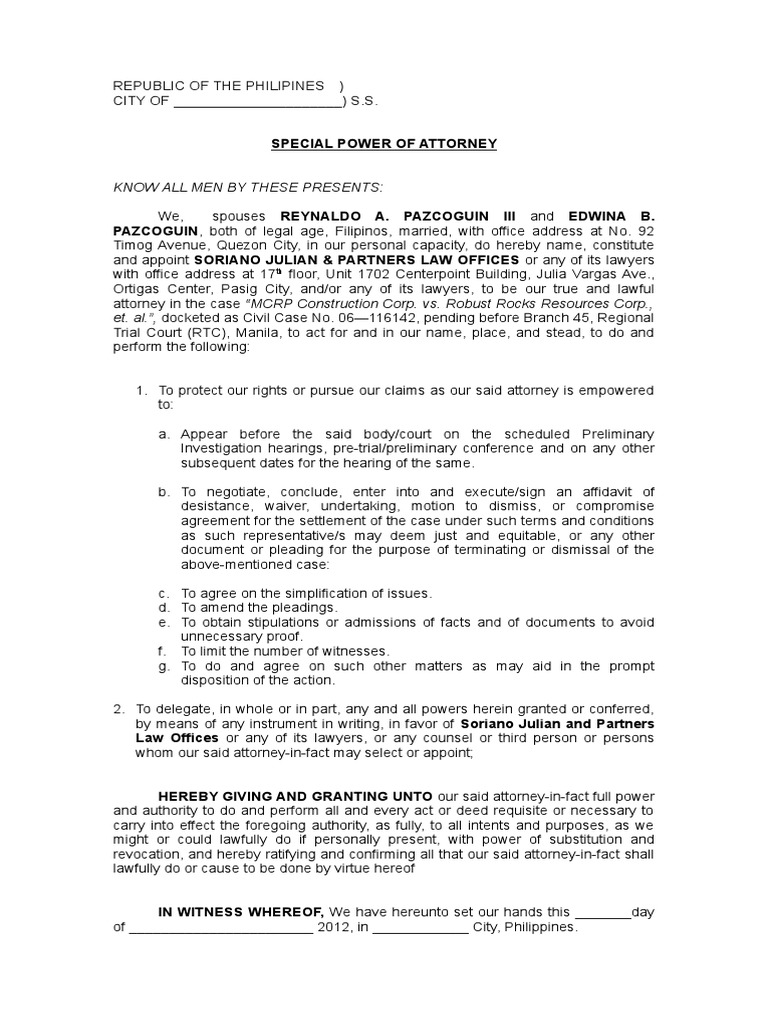 Spa Sample | PDF | Power Of Attorney | Notary Public