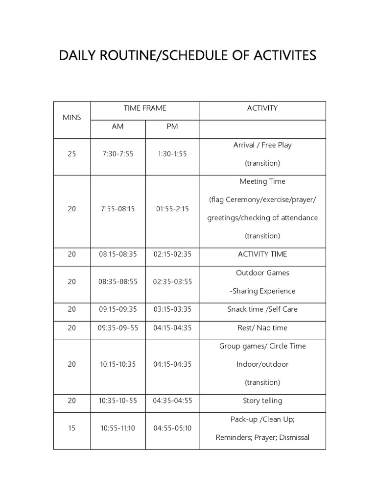 Daily Activity Schedule for Kids | PDF
