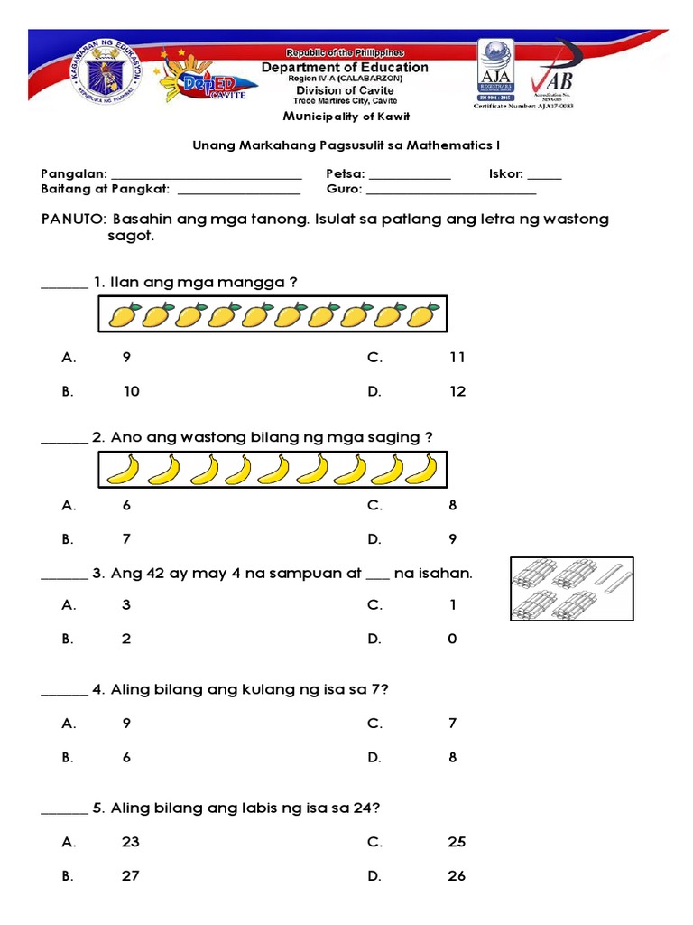 First Quarter Test in Mathematics | PDF