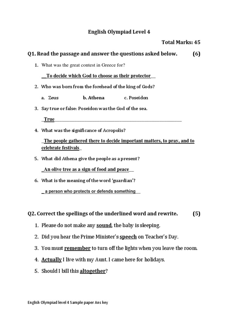 English Olympiad Level 4 Total Marks: 45 Q1. Read The Passage and ...