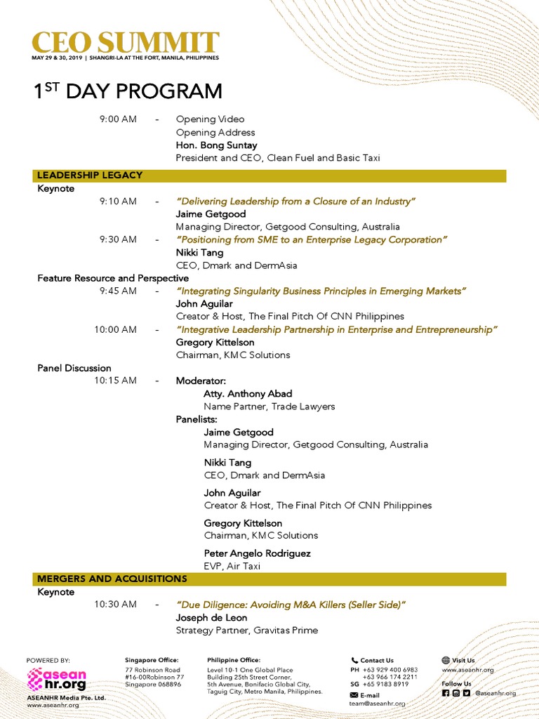 1st Day Program Agenda: Leadership Legacy, Mergers and Acquisitions ...