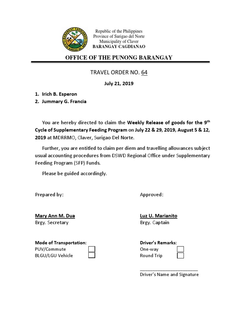Office of The Punong Barangay: Travel Order No. 64 | PDF